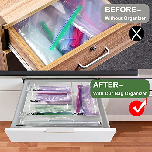 Acrylic Ziplock Bag Storage Organizer, EFOBO Foil Plastic Wrap Ziplock Bag Organizer, Food Storage Baggie Organizer with Foil Dispenser, Drawer Baggie Holder for Gallon, Quart, Snack & Sandwich Bags