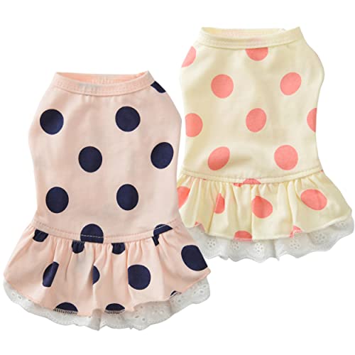 MSNFOASM 2Pcs-Pet Dog Elastic Soft Dress,Cute Polka Dots Lace Skirt for Small Dogs Cats（White&Pink S）