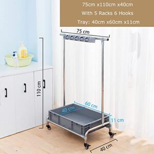 WXZX Broom Holder Organizer,Broom And Mop Put Wet Mops Movable Floor-Mounted Rack Floor Standing Cleaning Tool Cart Storage,5 Racks 6 Hooks,For Garden Garage Schools,Hospitals,Factories,Hotels