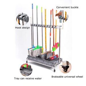 WXZX Broom Holder Organizer,Broom And Mop Put Wet Mops Movable Floor-Mounted Rack Floor Standing Cleaning Tool Cart Storage,5 Racks 6 Hooks,For Garden Garage Schools,Hospitals,Factories,Hotels