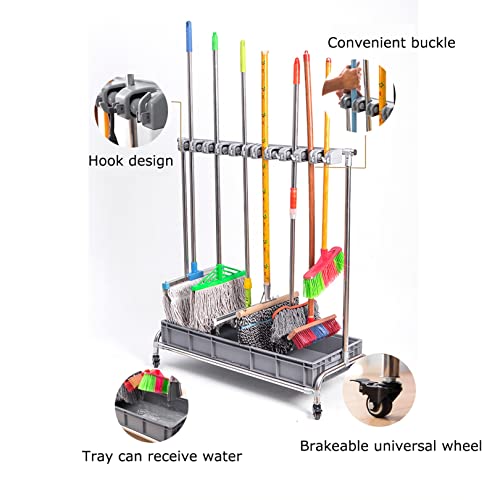 WXZX Broom Holder Organizer,Broom And Mop Put Wet Mops Movable Floor-Mounted Rack Floor Standing Cleaning Tool Cart Storage,5 Racks 6 Hooks,For Garden Garage Schools,Hospitals,Factories,Hotels