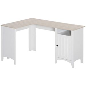 homcom l-shaped computer desk with open shelf and storage cabinet, corner writing desk with adjustable shelf, white