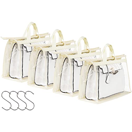 Puricon 4 Pack Handbag Dust Bags, Clear Purse Storage Organizer for Closet, Transparent Dust Cover Bag with Handles, Zippers, and Hooks -Beige