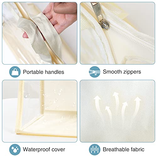 Puricon 4 Pack Handbag Dust Bags, Clear Purse Storage Organizer for Closet, Transparent Dust Cover Bag with Handles, Zippers, and Hooks -Beige