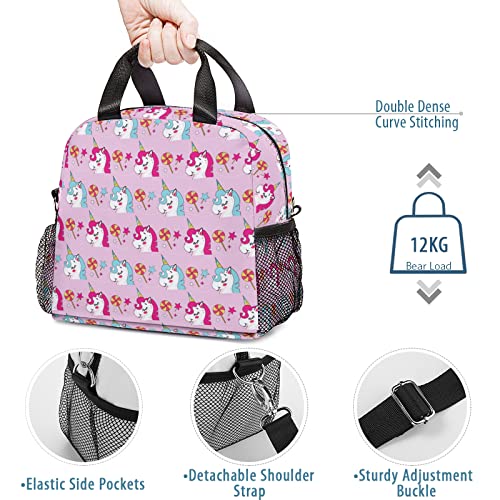 Insulated Lunch Bag for Boys Girls, Leakproof Reusable Kids Lunch Box Container with Detachable Buckled Handle, Portable Cooler Lunch Tote with Side Pocket for Work School Outdoor Adult (Pink Unicorn)