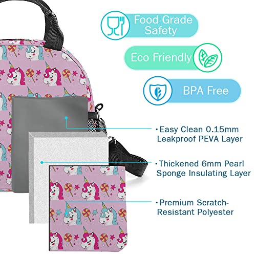 Insulated Lunch Bag for Boys Girls, Leakproof Reusable Kids Lunch Box Container with Detachable Buckled Handle, Portable Cooler Lunch Tote with Side Pocket for Work School Outdoor Adult (Pink Unicorn)