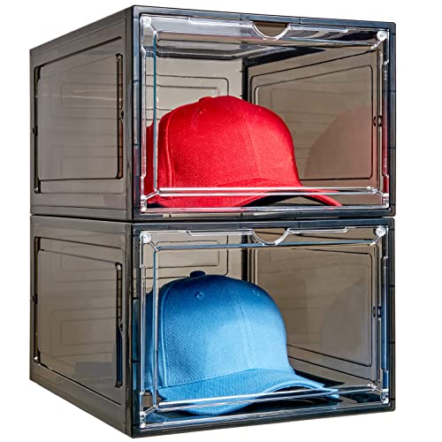 verklale Hat Organizer Box for Baseball Caps (2 Pack) - Transparent Hat Display, Stackable Dust Hat Rack with Magnetic Door, Easy to assemble stylish hat stand for stylish hat display, Black