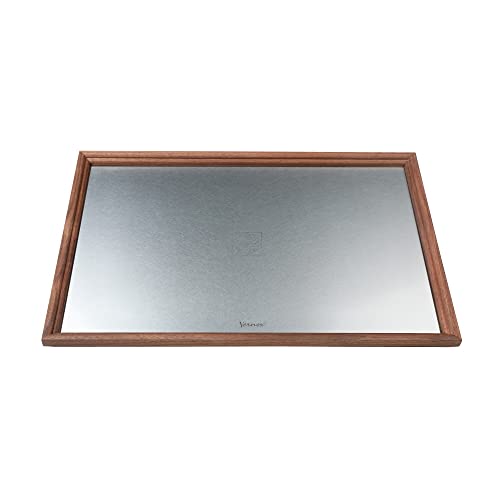 Vernox Large Serving Tray with Stainless Steel for Food, Rectangular Tray Platter with Walnut Wood Frame for Coffee Table, Kitchen, Party - Silver Color (Large)