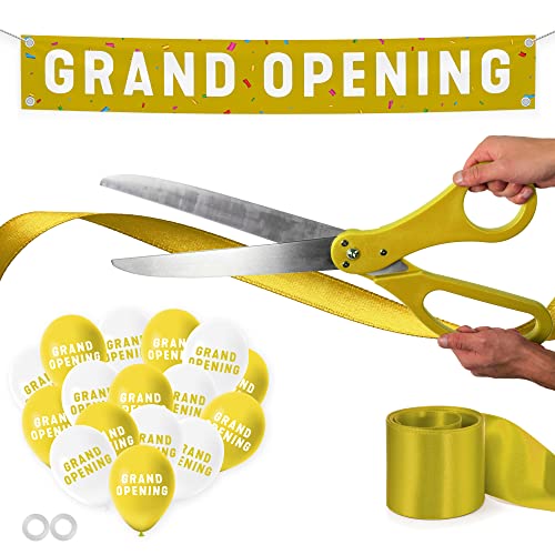 Nashira Ribbon Cutting Ceremony Kit, 25 inch Giant Scissors with Gold Satin Ribbon, Grand Opening Banner & Balloons - Heavy Duty Metal for Special Events, Inaugurations Ceremonies Gold,White,Red