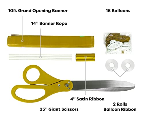 Nashira Ribbon Cutting Ceremony Kit, 25 inch Giant Scissors with Gold Satin Ribbon, Grand Opening Banner & Balloons - Heavy Duty Metal for Special Events, Inaugurations Ceremonies Gold,White,Red