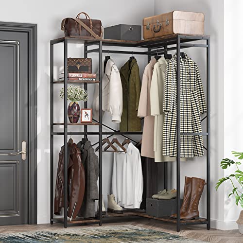 Tribesigns L Shaped Closet Organizer, Freestanding Corner Clothes Garment Rack with 4 Hanging Rods and Open Shelves, Heavy Duty Metal Clothing Rack Wardrobe Storage Closet for Bedroom, Rustic Brown