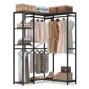 Tribesigns L Shaped Closet Organizer, Freestanding Corner Clothes Garment Rack with 4 Hanging Rods and Open Shelves, Heavy Duty Metal Clothing Rack Wardrobe Storage Closet for Bedroom, Rustic Brown