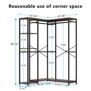 Tribesigns L Shaped Closet Organizer, Freestanding Corner Clothes Garment Rack with 4 Hanging Rods and Open Shelves, Heavy Duty Metal Clothing Rack Wardrobe Storage Closet for Bedroom, Rustic Brown