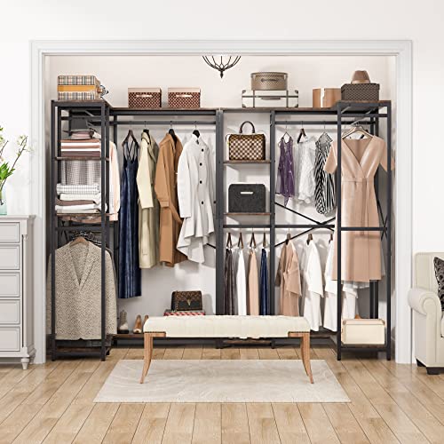 Tribesigns L Shaped Closet Organizer, Freestanding Corner Clothes Garment Rack with 4 Hanging Rods and Open Shelves, Heavy Duty Metal Clothing Rack Wardrobe Storage Closet for Bedroom, Rustic Brown