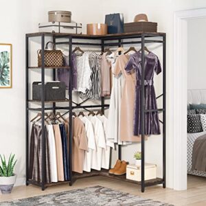 Tribesigns L Shaped Closet Organizer, Freestanding Corner Clothes Garment Rack with 4 Hanging Rods and Open Shelves, Heavy Duty Metal Clothing Rack Wardrobe Storage Closet for Bedroom, Rustic Brown