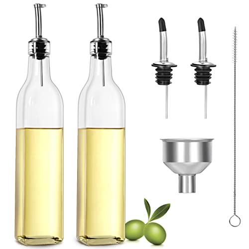 Gusnilo Olive Oil Dispenser Bottles Set 17 oz Olive Oil Bottle 500 ML Oil and Vinegar Cruet Bottle Oil Dispenser Bottle for Kitchen Glass Oil Bottle with Funnel and Pourers (2PCS)