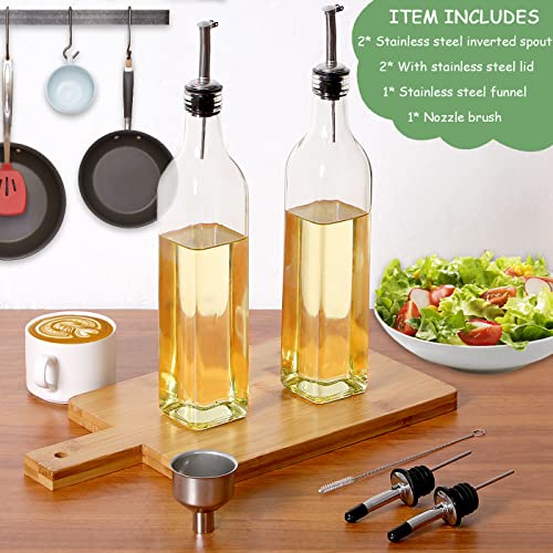 Gusnilo Olive Oil Dispenser Bottles Set 17 oz Olive Oil Bottle 500 ML Oil and Vinegar Cruet Bottle Oil Dispenser Bottle for Kitchen Glass Oil Bottle with Funnel and Pourers (2PCS)