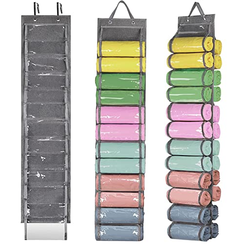 Legging Organizer Storage, T-Shirt Organizer, Foldable Hanging Closet Organizer, Hanging Clothes Organizer with 24 Roll Compartments for Yoga Clothes, Pants, Tank Top, Towel, Underwear, Shirt (Grey)