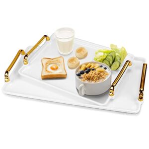 serving tray with handles, 2 pack (16inches & 12inches) white plastic serving trays for breakfast, decorative trays with gold handles for coffee table & living room