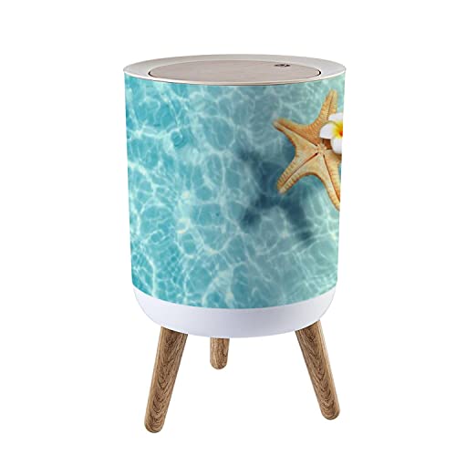 CAKOJV188 Round Trash Can with Press Lid Starfish and Flower on The Summer Beach in sea Water Summer Small Garbage Can Trash Bin Dog-Proof Trash Can Wooden Legs Waste Bin Wastebasket 7L/1.8 Gallon