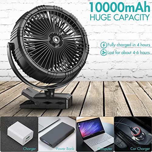 YONHISDAT Misting Fan Rechargeable 10000mAh Battery, 8-inch Mister Fan with Clip– 3 Speeds with Timer Function, 360° Rotatable Spray Fan for Camping, Home Office, Jobsite