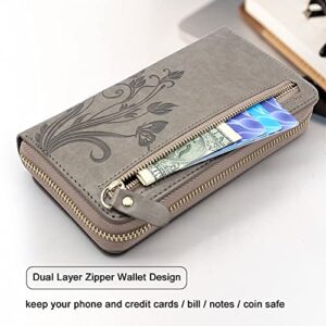 Lacass Compatible with Moto G Stylus 5G 2022 XT2215 Crossbody Chain Dual Zipper Detachable Magnetic Leather Wallet Case Cover Wristlets Wrist Strap 13 Card Slots Money Pocket (Floral Gray)