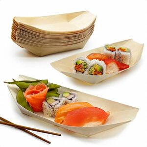 100 pack extra large 10" biodegradable sushi boats. 100% disposable appetizer plates. compostable natural wood food trays. sturdy poplar serving dish. eco-friendly bamboo sushi and sashimi party kit