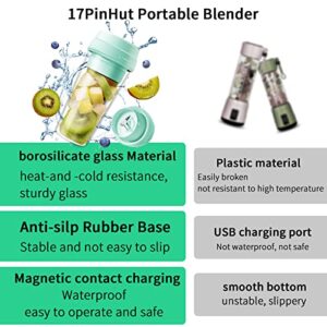 17PinHut Portable Blender, Personal Blender, With USB Magnetic contact charging, 14 oz Smoothie Blender, Made with high borosilicate glass Material Portable Juicer, Anti-silp Rubber Base, One-handed Drinking Mini Blender for Shakes and Smoothies