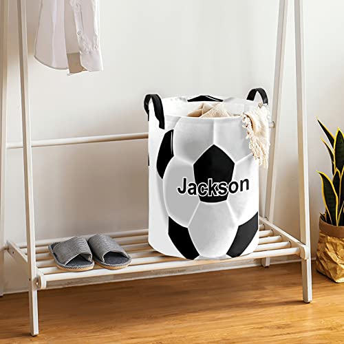 Soccer Football Personalized Freestanding Laundry Hamper, Custom Waterproof Collapsible Drawstring Basket Storage Bins with Handle for Clothes