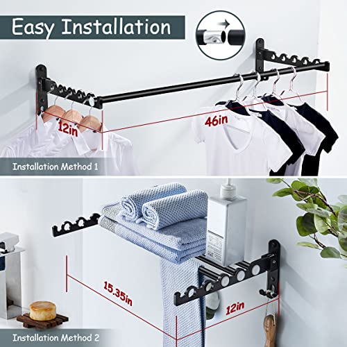 kuaguan Laundry Drying Rack Wall Mounted Drying Rack Hanging Clothing, Laundry Room Organization and Storage, Foldable Hanger Rack Closet Organizer with 3 Rods (Black,Aluminum)