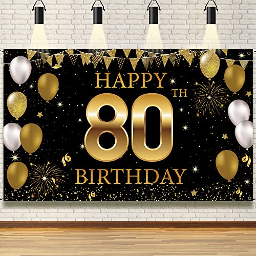 80th Birthday Party Decorations Backdrop Banner, Happy 80th Birthday Decorations for Men Women, 80 Years Old Birthday Photo Booth Props Black Gold, 80 Birthday Yard Sign, Fabric Vicycaty