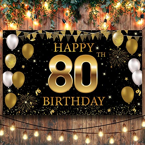 80th Birthday Party Decorations Backdrop Banner, Happy 80th Birthday Decorations for Men Women, 80 Years Old Birthday Photo Booth Props Black Gold, 80 Birthday Yard Sign, Fabric Vicycaty