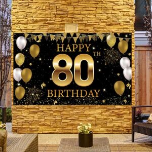 80th Birthday Party Decorations Backdrop Banner, Happy 80th Birthday Decorations for Men Women, 80 Years Old Birthday Photo Booth Props Black Gold, 80 Birthday Yard Sign, Fabric Vicycaty