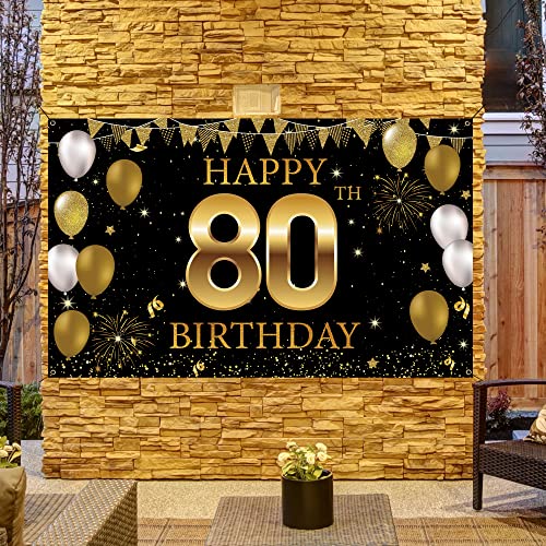 80th Birthday Party Decorations Backdrop Banner, Happy 80th Birthday Decorations for Men Women, 80 Years Old Birthday Photo Booth Props Black Gold, 80 Birthday Yard Sign, Fabric Vicycaty