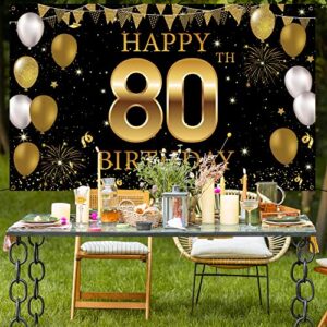 80th Birthday Party Decorations Backdrop Banner, Happy 80th Birthday Decorations for Men Women, 80 Years Old Birthday Photo Booth Props Black Gold, 80 Birthday Yard Sign, Fabric Vicycaty