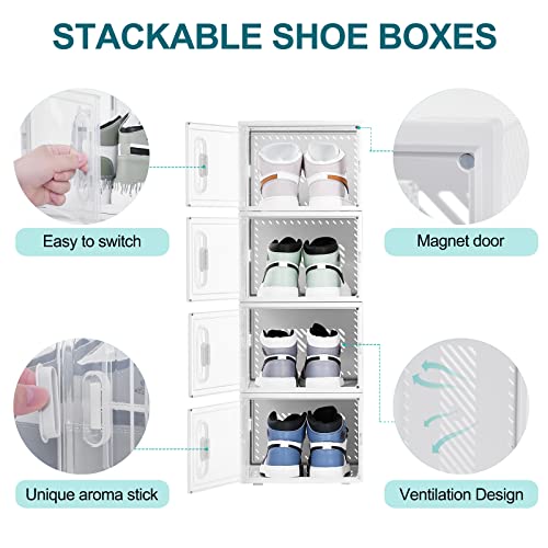 ANWBROAD XL Shoe Organizer Boxes with Aromatherapy Stick, Clear Shoe Boxes Stackable, Sneaker Storage Fit to US Size 14, Plastic Shoe Storage Containers Bins (14.17”x11.02”x8.27”)8 Pack