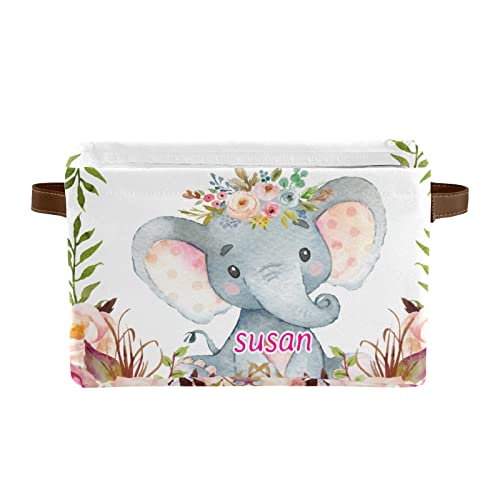 Personalized Watercolor Elephant Flower Storage Bin with Name Waterproof Canvas Organizer Bin with Handles for Gift Baskets Book Bag (1 Pack)