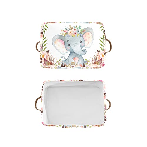 Personalized Watercolor Elephant Flower Storage Bin with Name Waterproof Canvas Organizer Bin with Handles for Gift Baskets Book Bag (1 Pack)