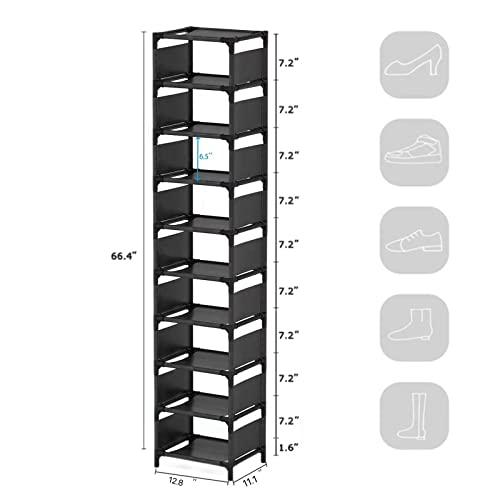 UrMsun 10 Tiers Vertical Shoe Rack, Tall Narrow Shoe Shelf Space Saving Shoe Organizer for Entryway Door Small Space Single Pairs Sturdy Shoe Shelf Storage Organizer (10 Tiers)