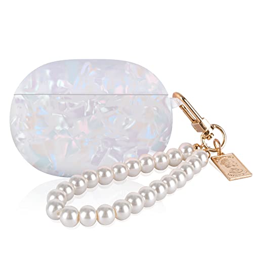 Glitter Marble Shell Design for Beats Studio Buds (2021) with Pearl Wrist Chain Keychain for Women Girls,Colorful Sparkle Bling Cute Beats Studio Buds Protective Skin Cover Soft TPU Shock Proof-White