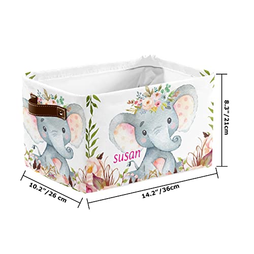 Personalized Watercolor Elephant Flower Canvas Storage Basket with Name Storage Bins Laundry Basket with Handle for Closet Shelf Nursery Bedroom (1 Pack)