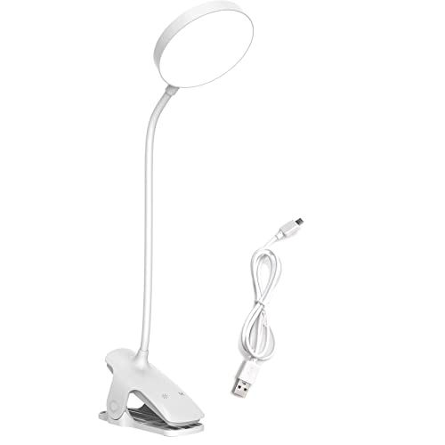 GAXmi Clip On Desk Lamp USB Rechargeable Dimmable Touch LED Table Light (White)