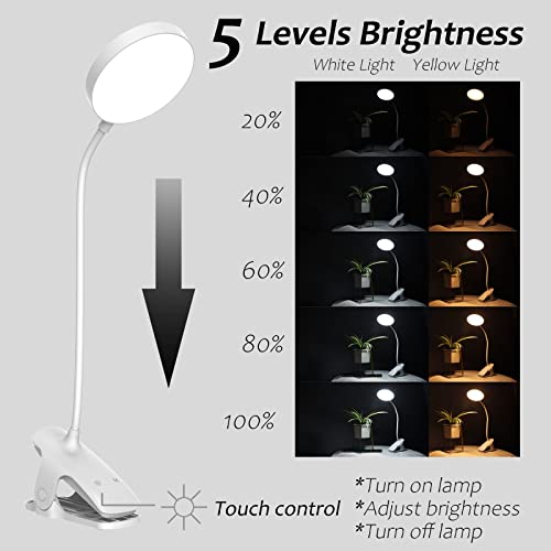 GAXmi Clip On Desk Lamp USB Rechargeable Dimmable Touch LED Table Light (White)