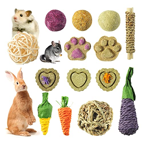 PD Bunny Chew Toys for Teeth, Natural Timothy Grass Small Animal Chew Toys, Mixed Grass and Molar Grass Cake and 2 Balls for Rabbits Chinchilla Hamsters Guinea Pigs Gerbils Groundhog Squirrels（14 pcs）