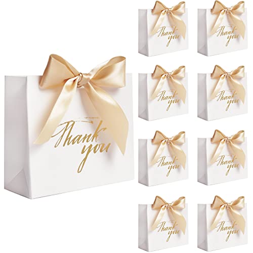 DECHISY 24Pack Small Thank You Gift Bag Party Favor Bags Treat Boxes with Gold Bow Ribbon, White Paper Gift Bags Bulk for Wedding Baby Shower Business Party Supplies