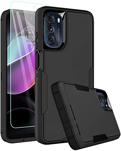 Dahkoiz Motorola Moto G 5G(2022) Case, with Tempered Glass Screen Protector, Dust-Proof Port Cover, Full Body Protection Silicone Rubber Phone Case for Moto G 5G(2022), Black