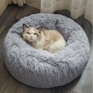 Geizire Cat Beds for Indoor Cats, Cat Bed, Dog Beds for Small Dogs, Washable Donut Calming Round Cat Bed, Soft Fluffy Warm and Cozy Anti Anxiety Cuddler, Joint-Relief Pet Bed(Grey)