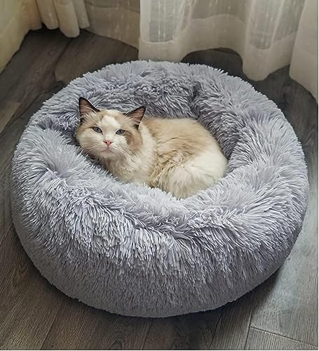 Geizire Cat Beds for Indoor Cats, Cat Bed, Dog Beds for Small Dogs, Washable Donut Calming Round Cat Bed, Soft Fluffy Warm and Cozy Anti Anxiety Cuddler, Joint-Relief Pet Bed(Grey)