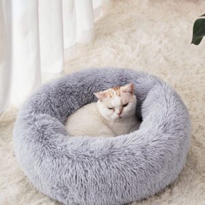 Geizire Cat Beds for Indoor Cats, Cat Bed, Dog Beds for Small Dogs, Washable Donut Calming Round Cat Bed, Soft Fluffy Warm and Cozy Anti Anxiety Cuddler, Joint-Relief Pet Bed(Grey)