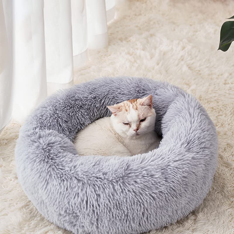 Geizire Cat Beds for Indoor Cats, Cat Bed, Dog Beds for Small Dogs, Washable Donut Calming Round Cat Bed, Soft Fluffy Warm and Cozy Anti Anxiety Cuddler, Joint-Relief Pet Bed(Grey)